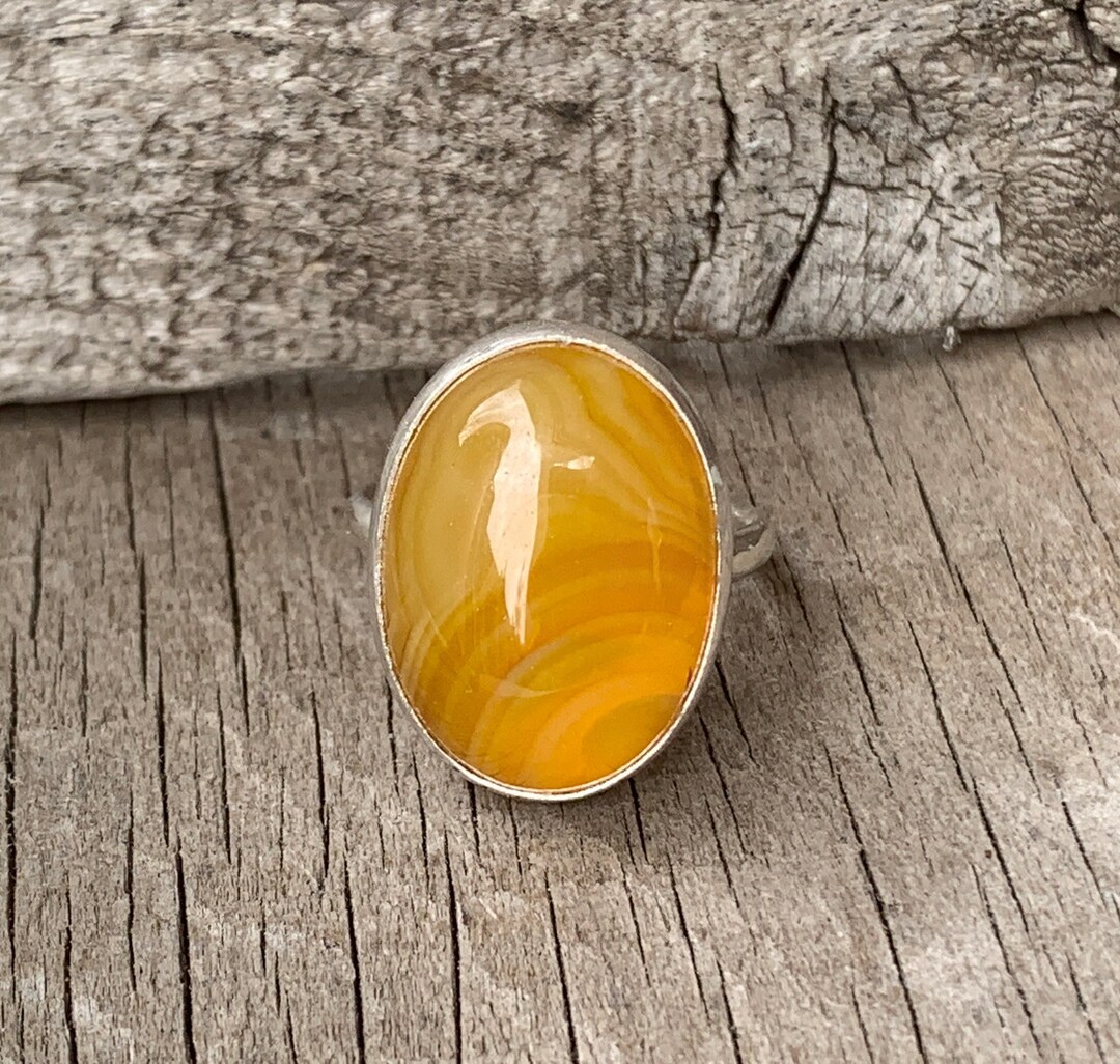 Bright Canary Yellow Oval Agate Sterling Silver Ring | Yellow Gemstone ...
