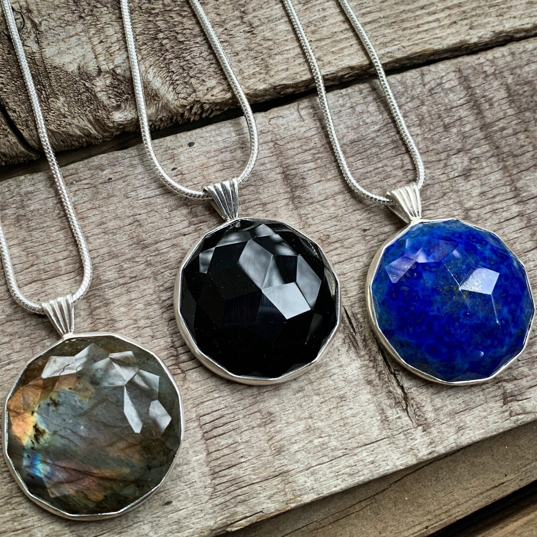 Large Round Rose Cut Labradorite, Onyx, or Lapis Lazuli Sterling Silver ...