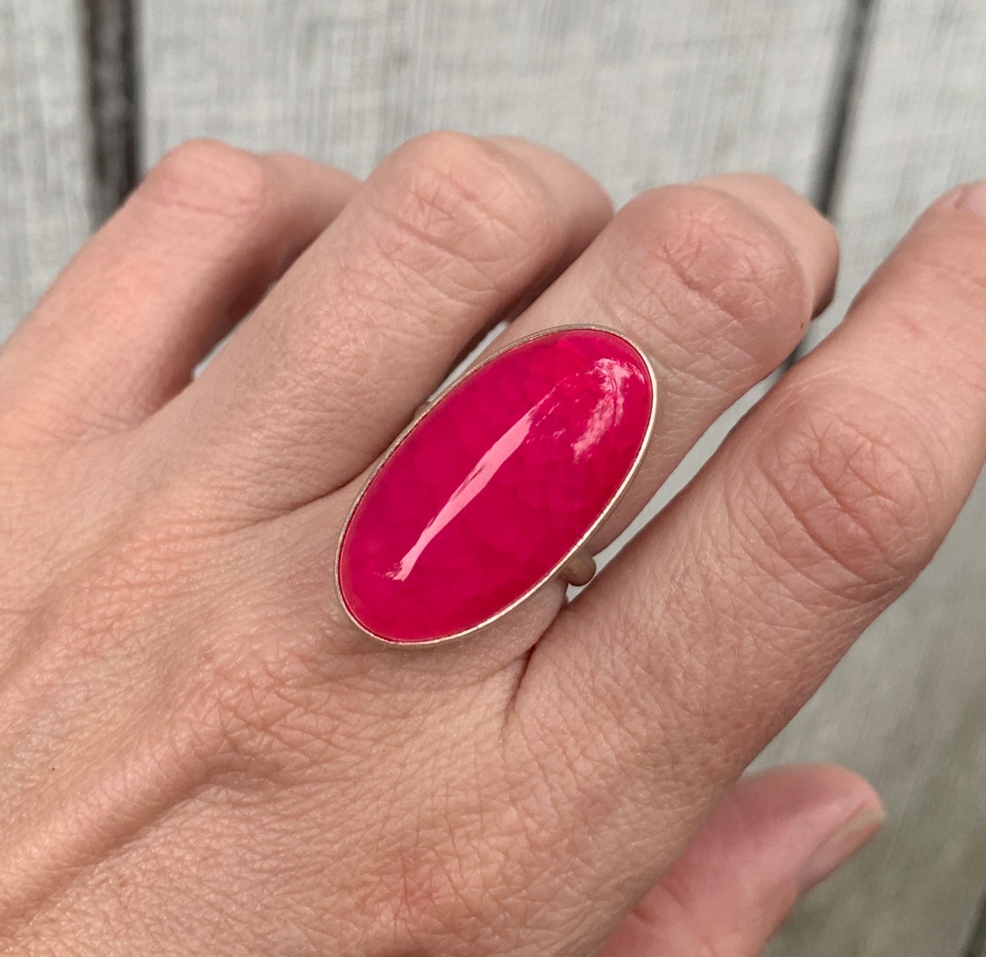 Large Oval Hot Pink Dragon Vein Agate Sterling Silver Ring | Boho ...