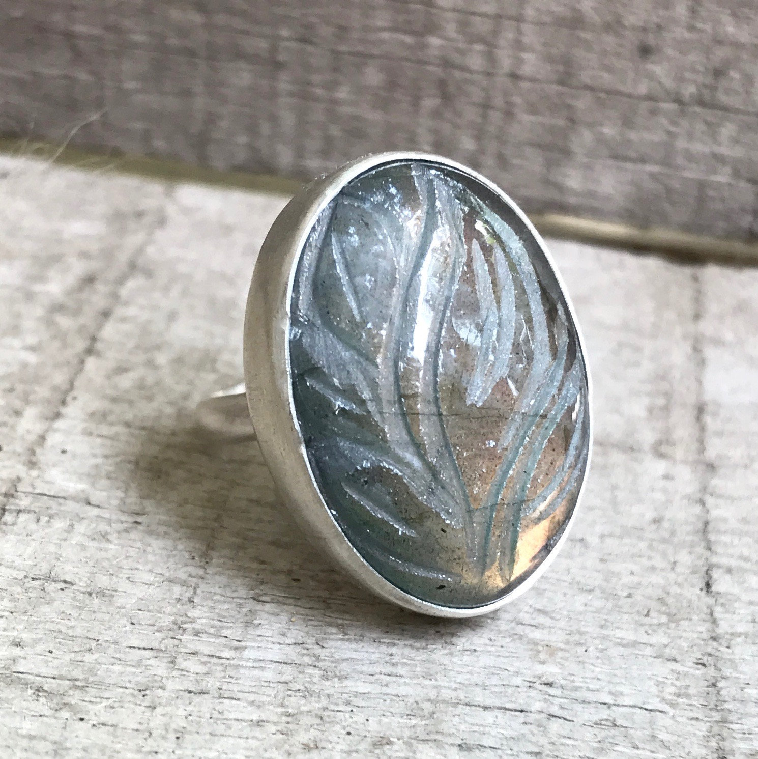 Large Oval Orange and Pink Carved Labradorite Sterling Silver Ring ...