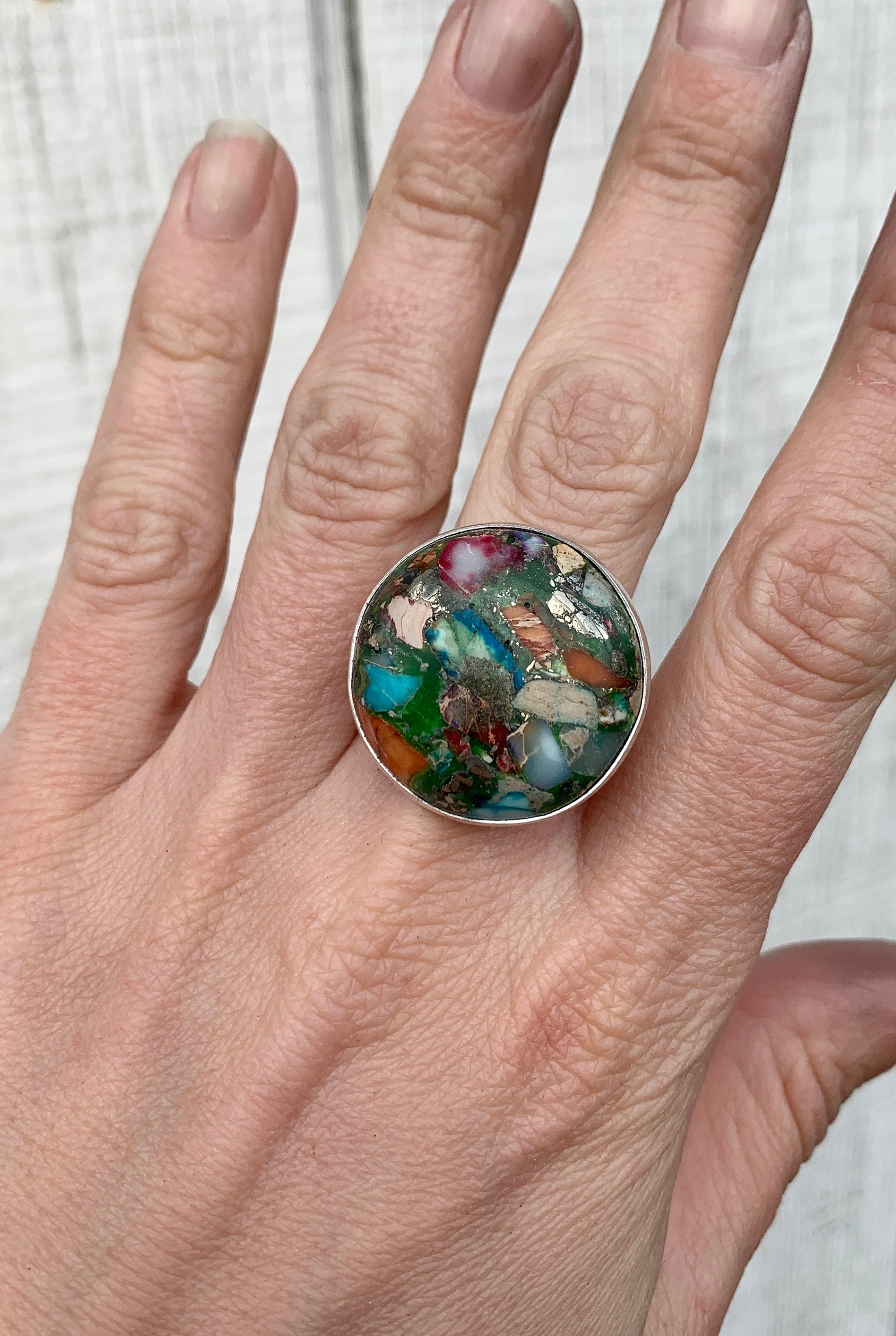 Round Multi Colored Ocean Jasper Sterling Silver Ring| Mermaid Ring ...
