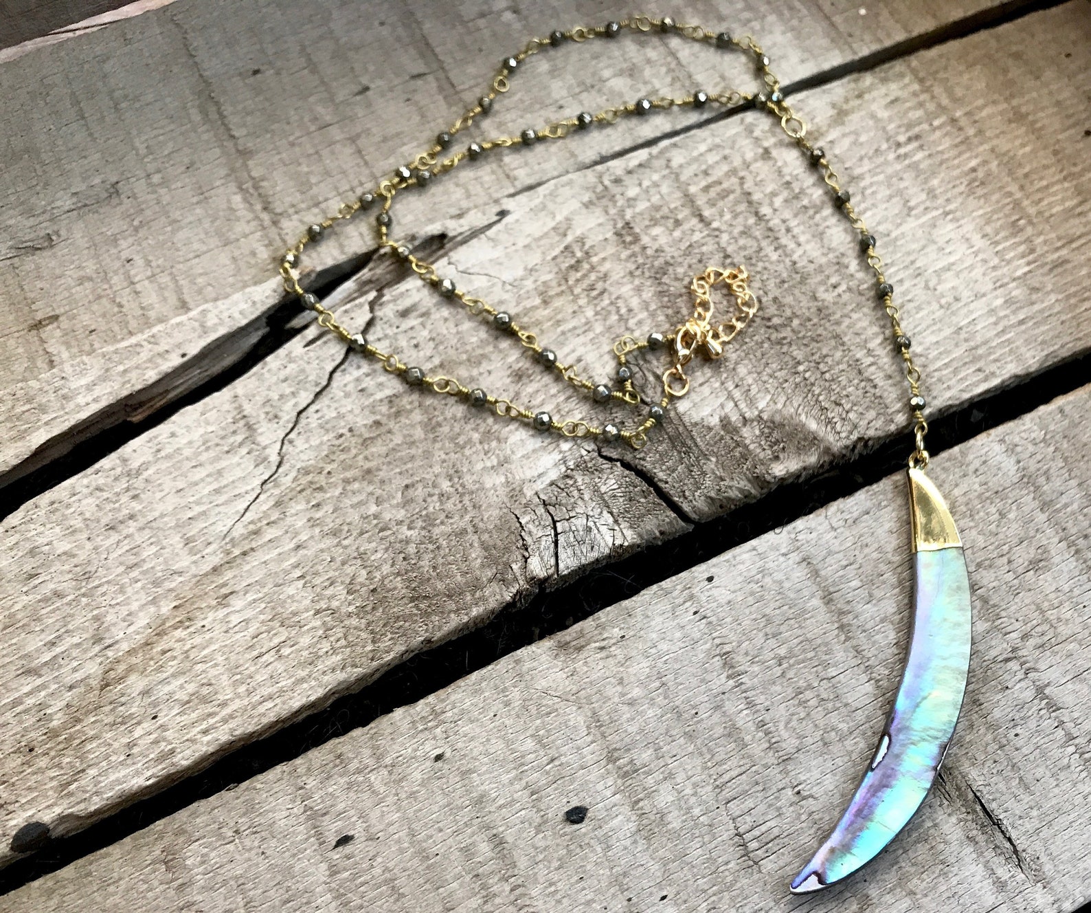 Half Moon Crescent Abalone Shell Necklace With Pyrite Rosary Chain ...