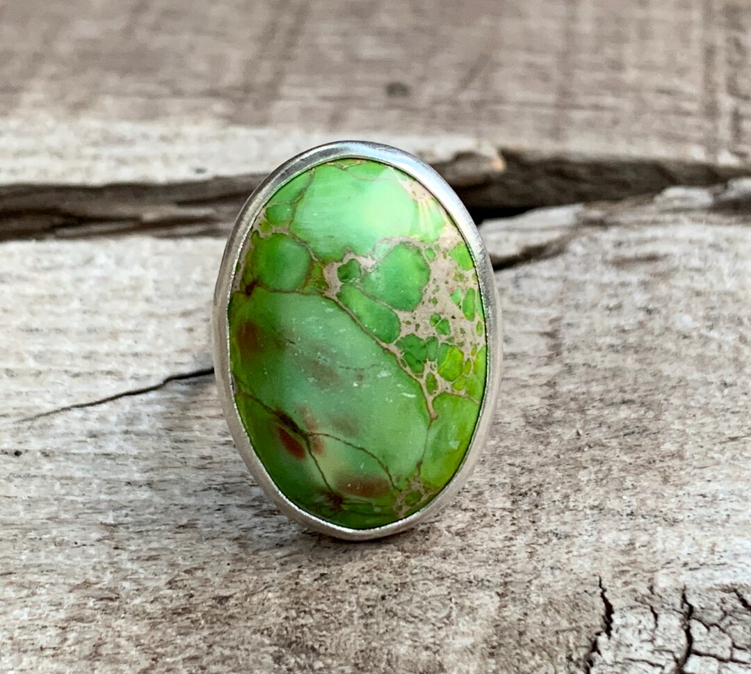 Green Oval Ocean Jasper Sterling Silver Ring Boho Jasper Ring Beachy ...