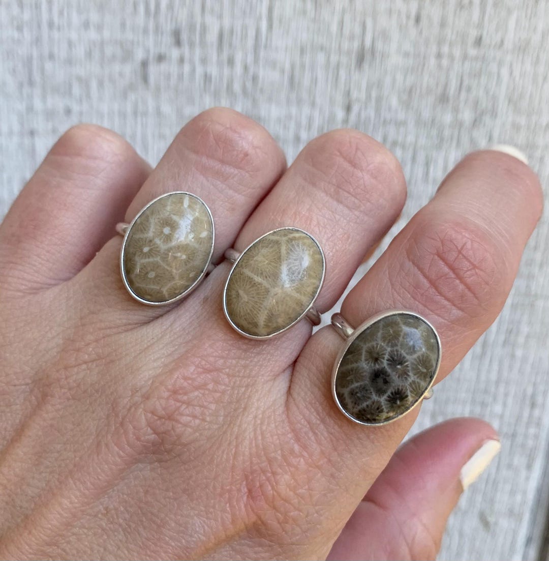 Large Oval Coral Fossil Petoskey Ring | Sterling Silver Fossil Ring ...