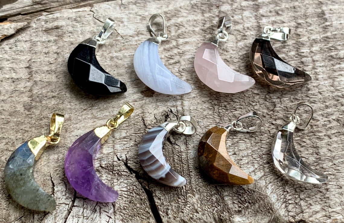 Half Moon Gemstone Silver or Gold Necklace Crescent Moon | Etsy