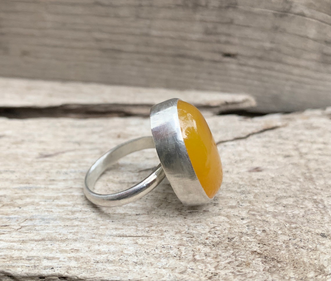 Bright Canary Yellow Oval Agate Sterling Silver Ring Yellow - Etsy