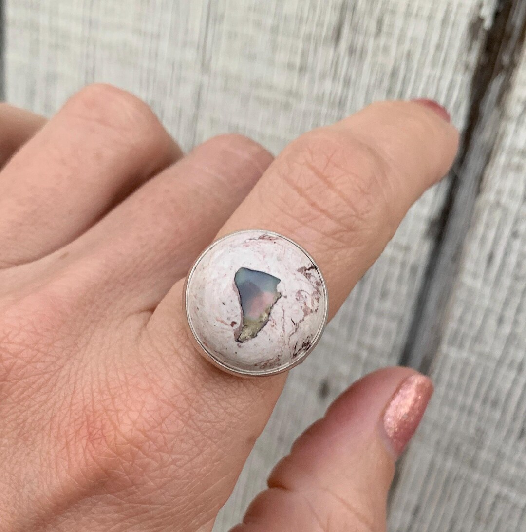 Large Round off White Pink Mexican Fire Opal Sterling Silver Ring ...