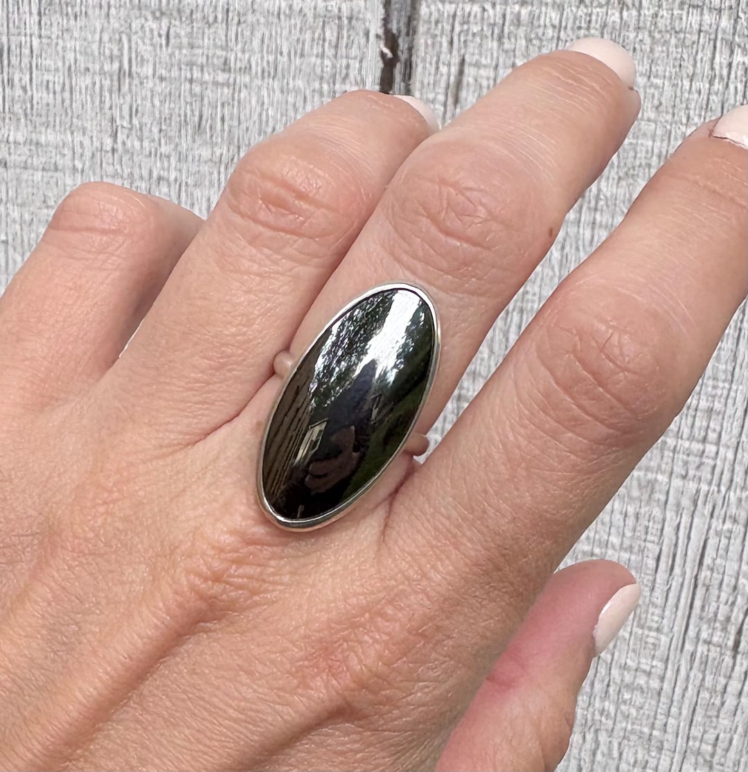 Large Oval Mirror Finish Gray Hematite Sterling Silver Statement Ring ...