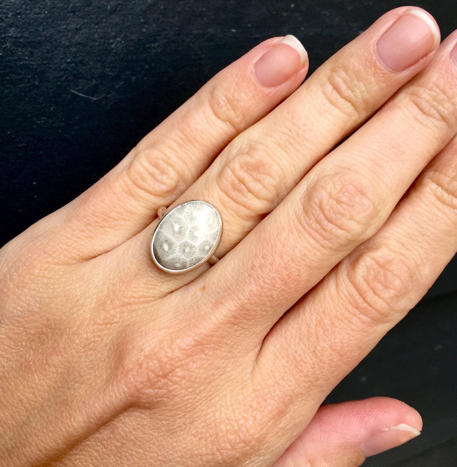 White and Grey Coral Fossil Ring Sterling Silver Fossil Ring | Etsy