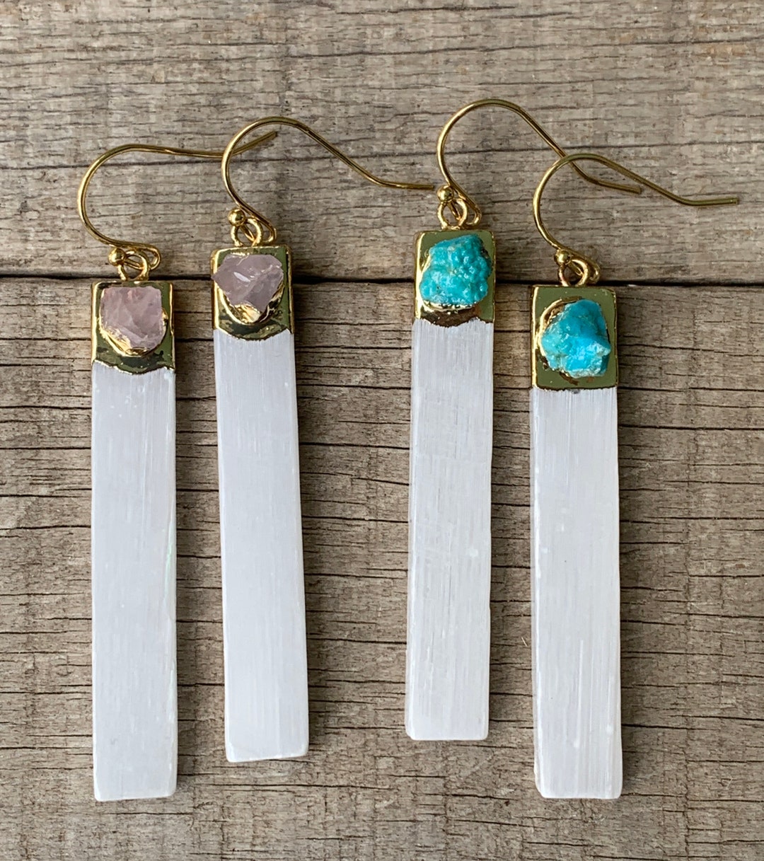 Long White Selenite Gold Plated Earrings W Gemstone Accents | Crystal ...
