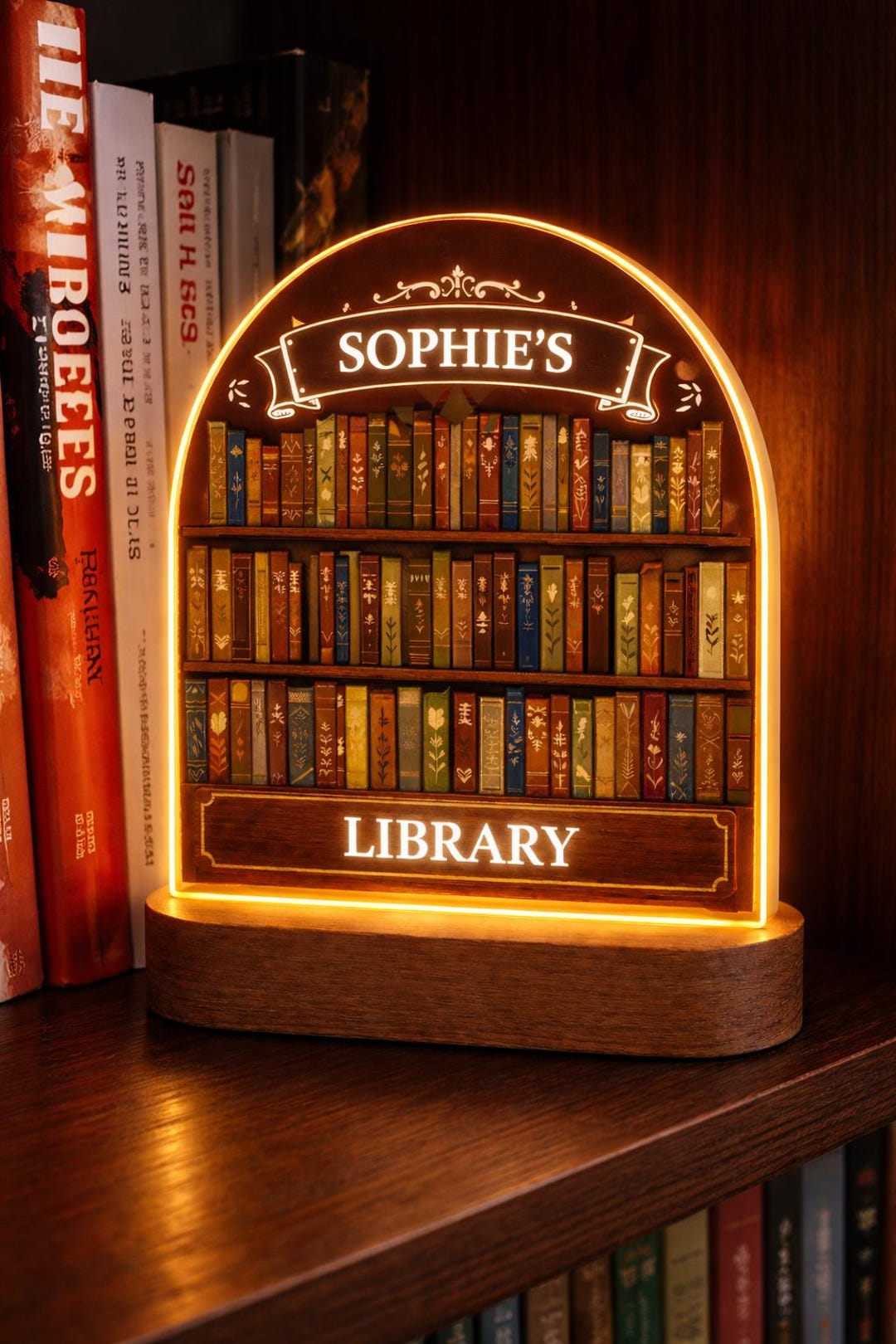 Personalized Library Night Light, Custom Name Bookshelf Lamp, Cozy ...