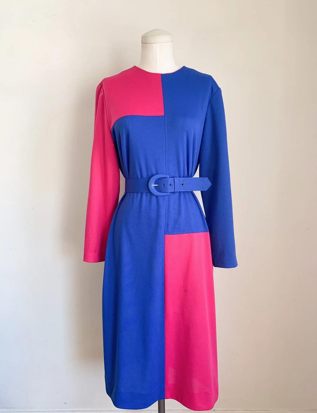 Vintage 1980s Blue and Pink Color Block Dress Geometric L Large - Etsy