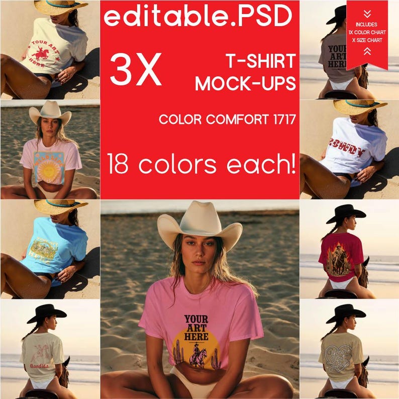 Cowgirl Coastal T-shirt Mockup Bundle: Comfort Colors 1717 (digital ...