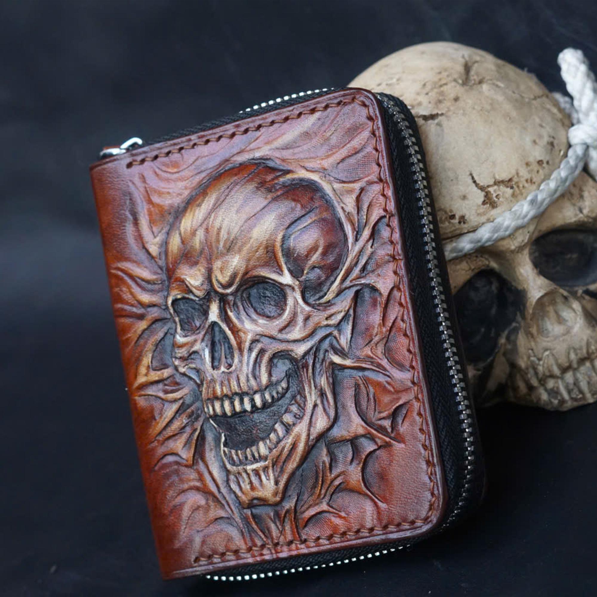 Custom Hand - Carved 3D Skull Leather Wallet - Premium Veg-tan ...