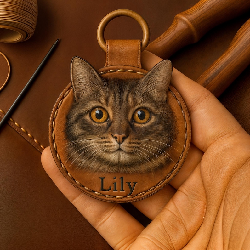 Custom Leather Cat Keychain – 3D Hand-carved Cat Portrait,personalized ...