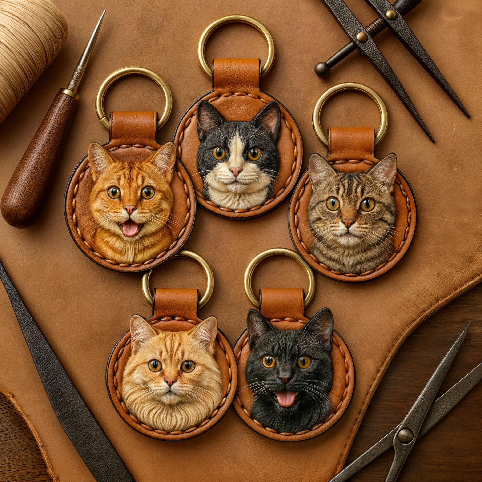Custom Leather Cat Keychain – 3D Hand-carved Cat Portrait,personalized ...