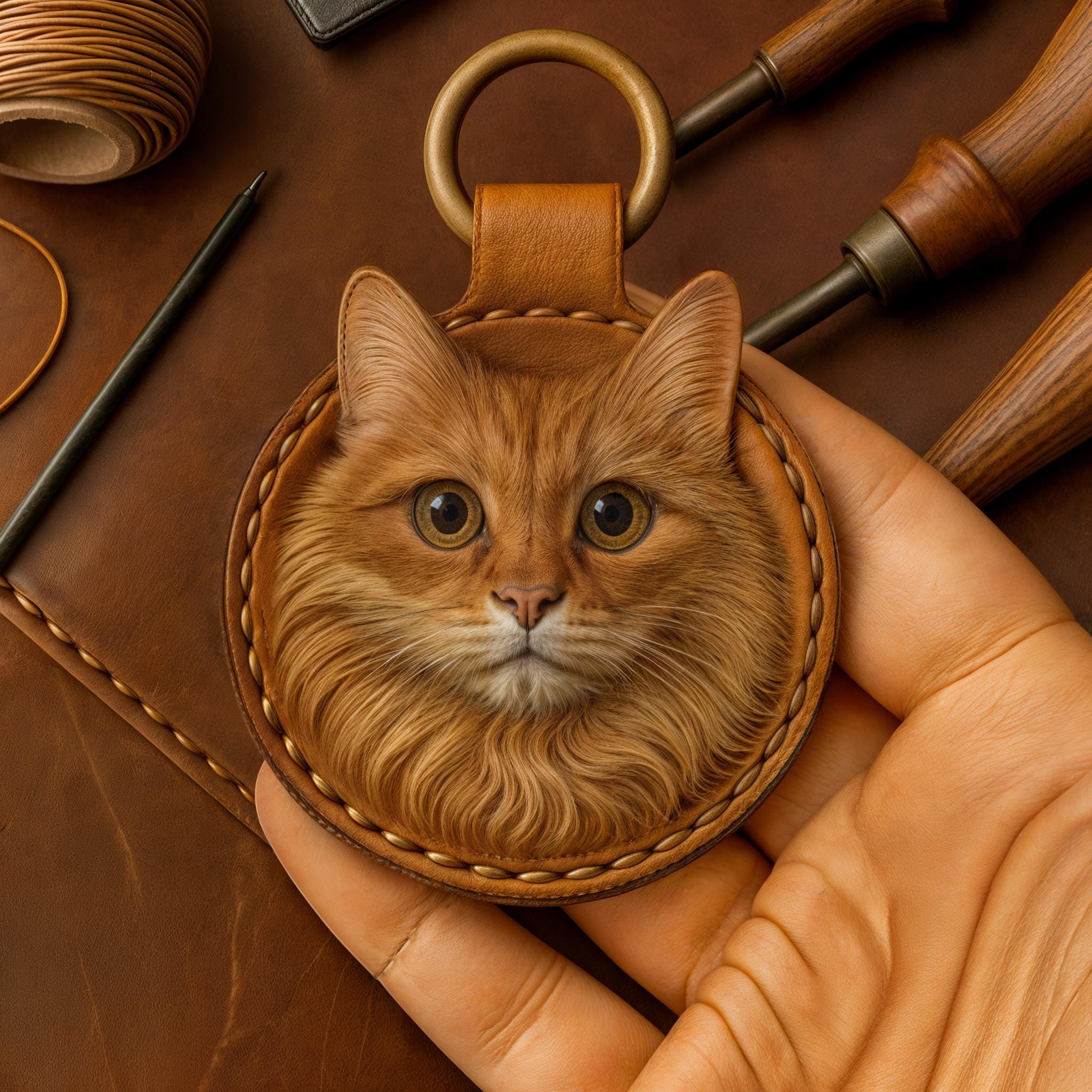 Custom Leather Cat Keychain – 3D Hand-carved Cat Portrait,personalized ...