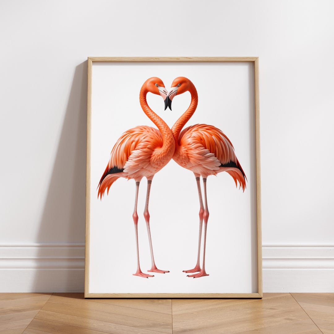 Romantic Flamingo Couple Printable Wall Art Download, Heart Shape ...