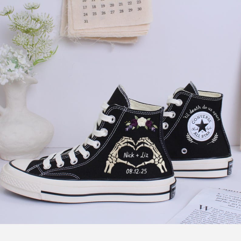 Embroidered Halloween Wedding Converse High Tops: Gothic Skeleton ...