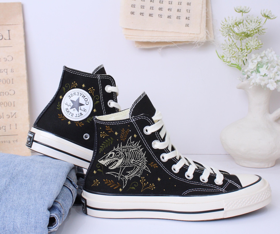 Embroidered Shark Converse High Tops: Hand-stitched Ocean Sneakers - Etsy