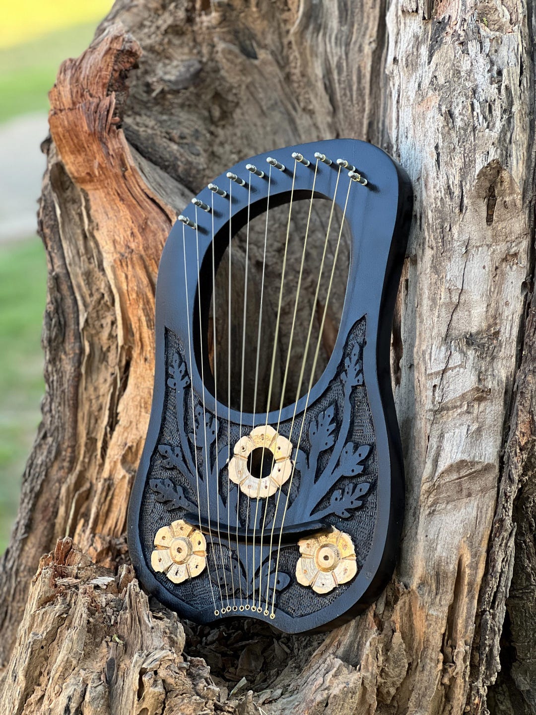 Black Lyre Harp 10 Strings Three Golden Flower Design Lyre Harp With ...