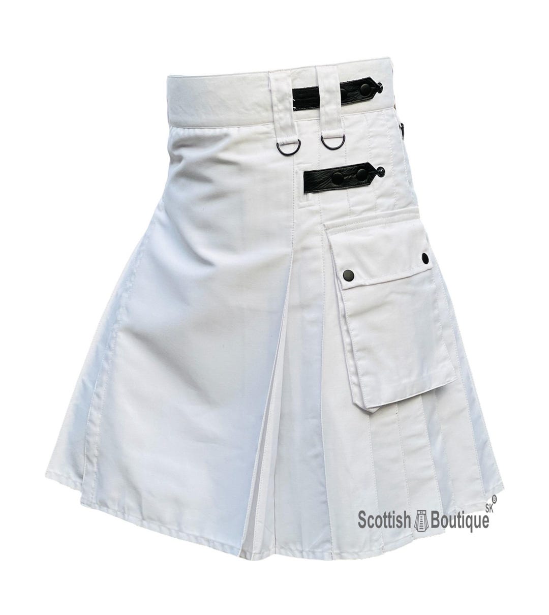 Men's White Leather Strap Kilt With Two Cargo Side Pockets Fashion Kilt ...