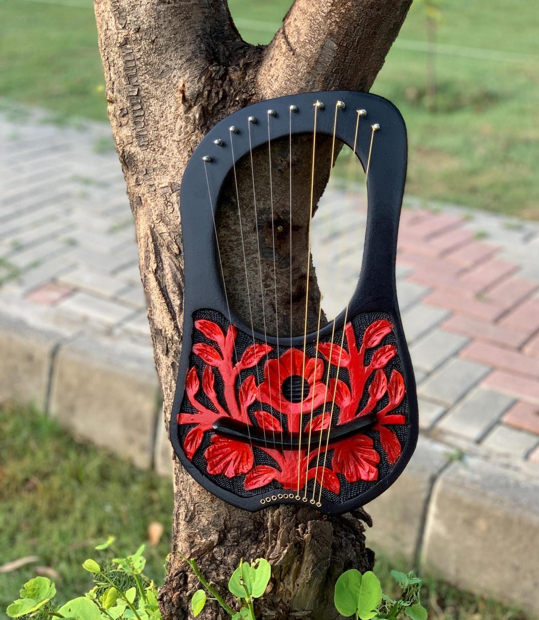 Black Lyre Harp 10 Strings in Red Flower Leaf Design Lyre Harp With ...