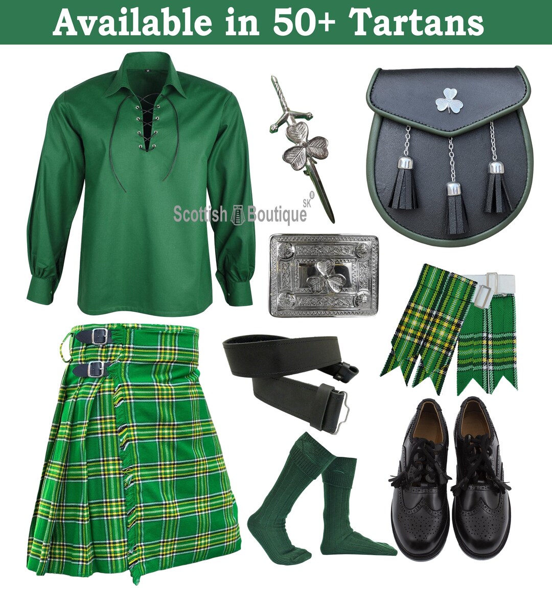 Men’s Irish Shamrock 9 Pieces Traditional Kilt Outfit With Kilt Black ...