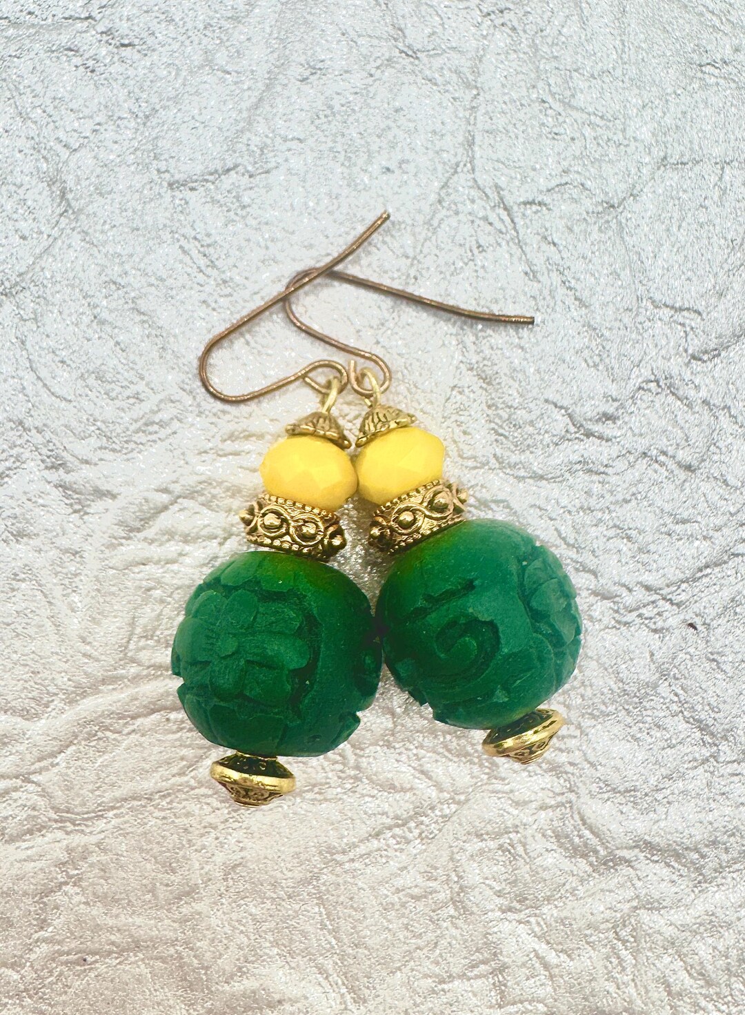 Genuine Carved Cinnabar Green Sphere Yellow Earrings: Czech Glass, Gold ...