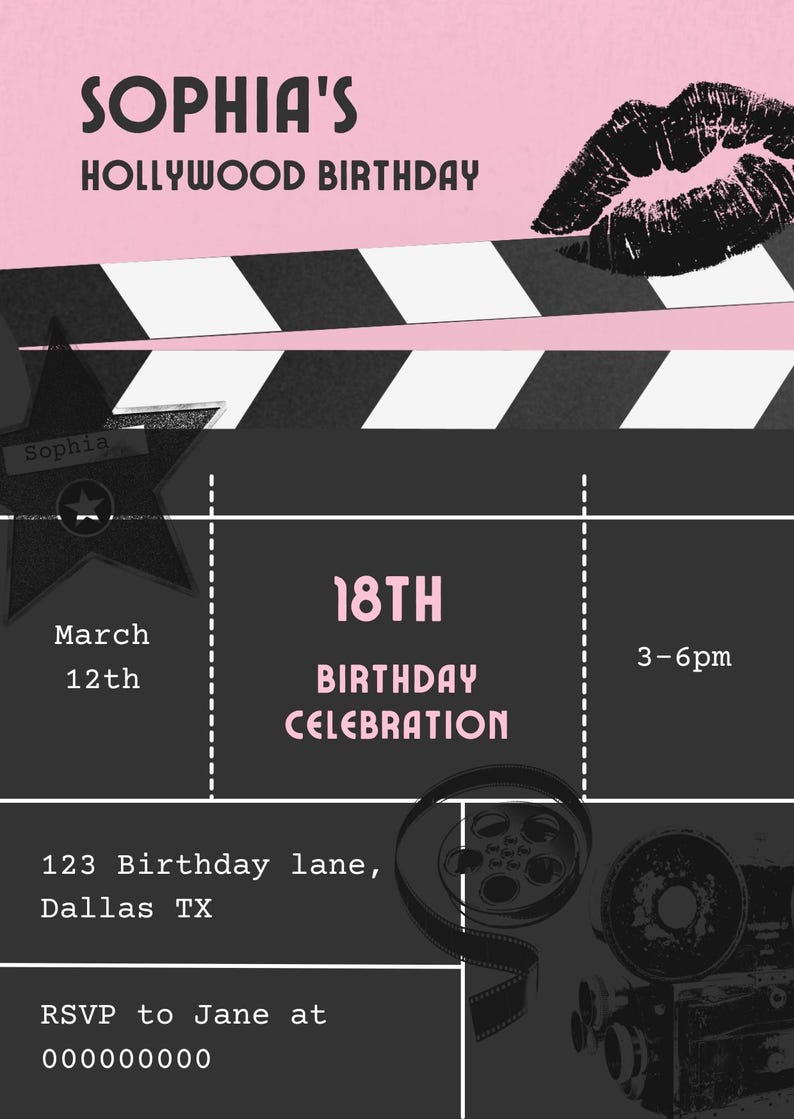 Old Hollywood Theme, Birthday Invitation, Canva Template - Etsy