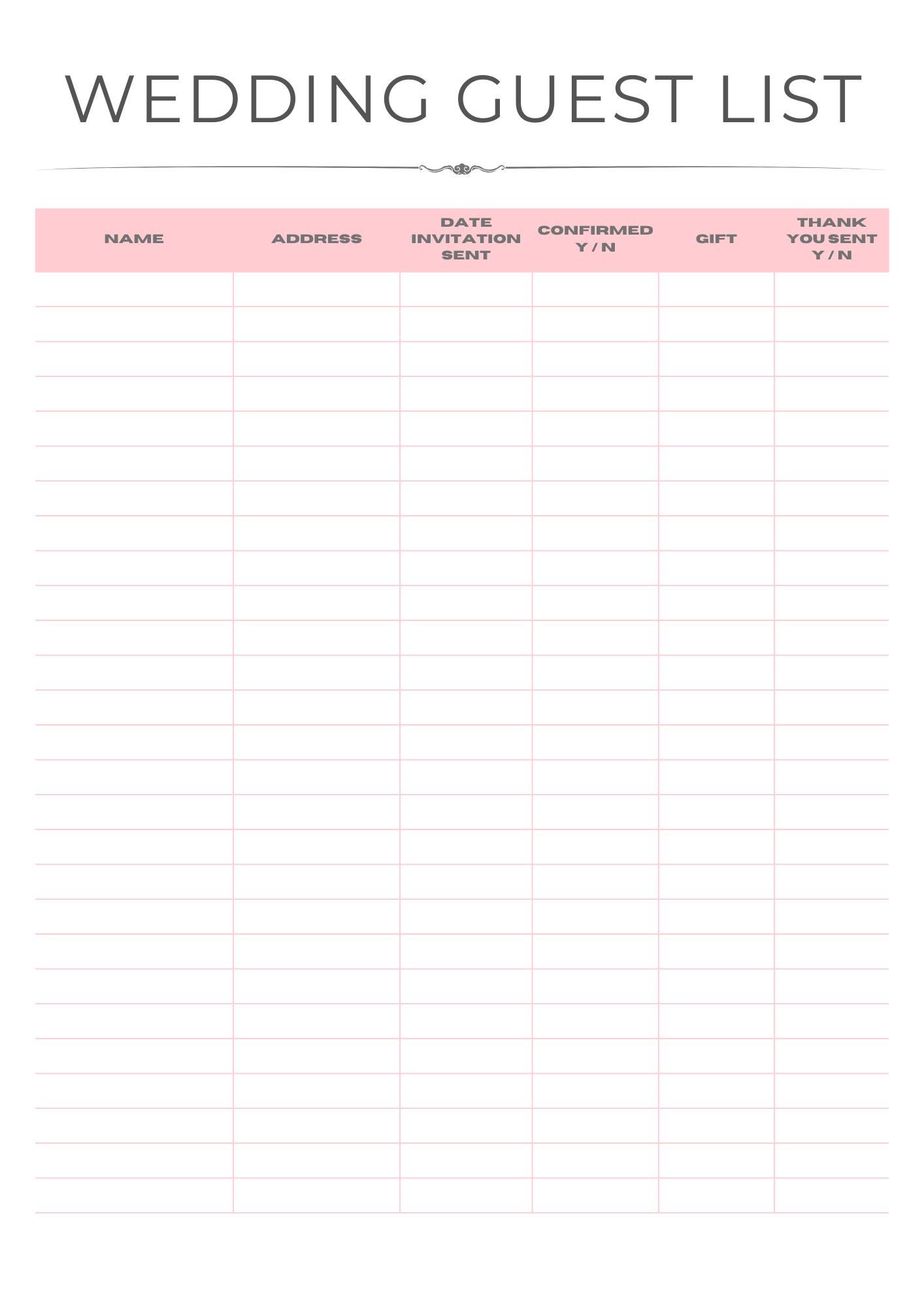 Wedding Guest List Tracker, Printable Guest Checklist for Wedding ...