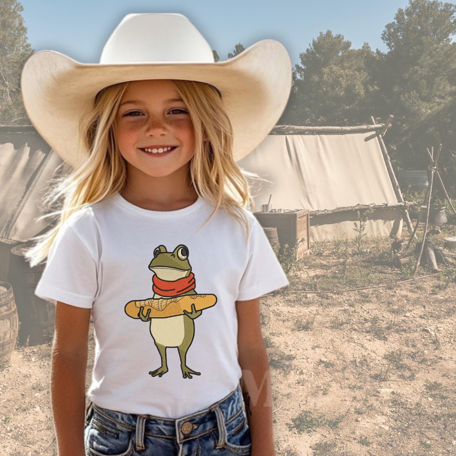 Cute Frog With Baguette Machine Embroidery File, Funny Frog Embroidery ...