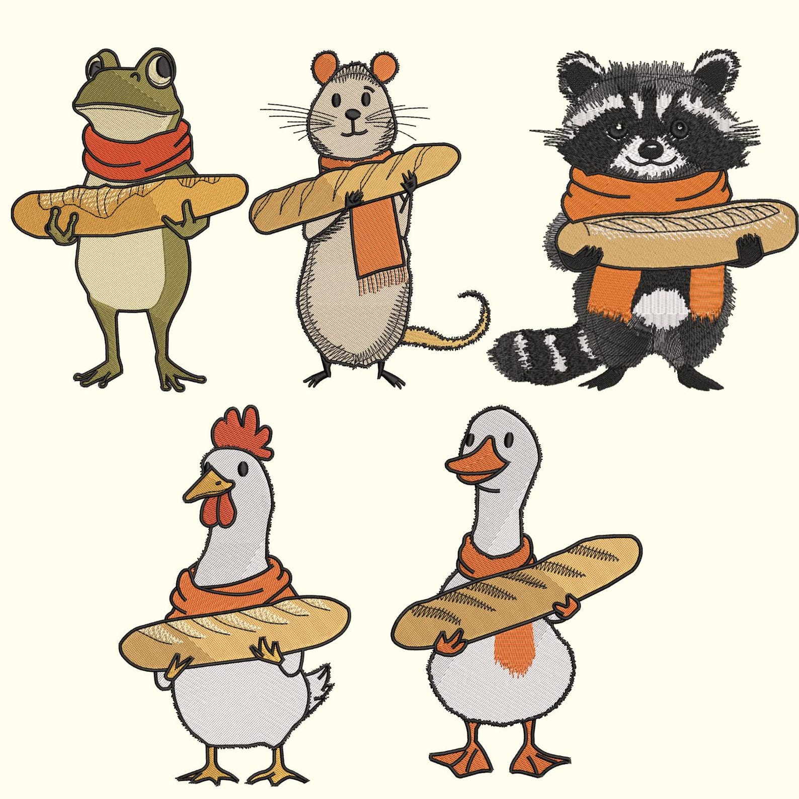 Cute Frog With Baguette Machine Embroidery File, Funny Frog Embroidery ...