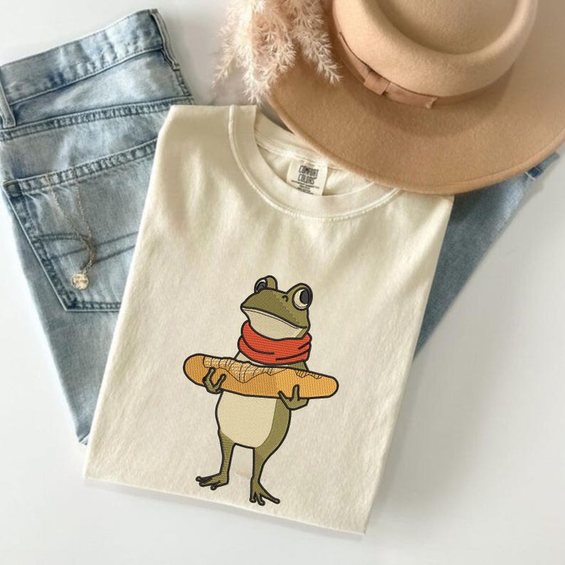 Cute Frog With Baguette Machine Embroidery File, Funny Frog Embroidery ...