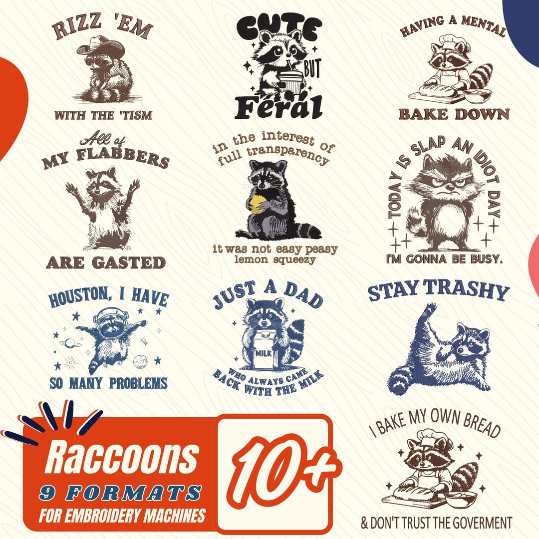 10 Funny Raccoons Embroidery File, Funny Sayings Embroidery Design ...