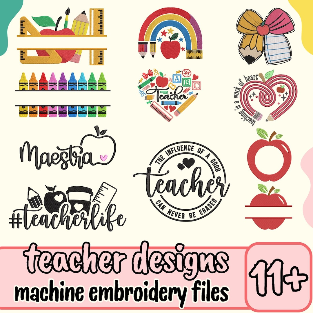 11 Teacher Embroidery File, School Embroidery Design, Teacher Bundle ...