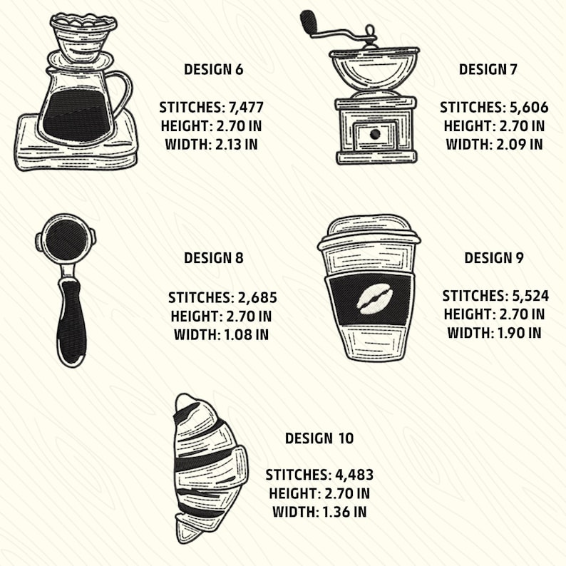 10 Mini Coffee Tools Machine Embroidery File, Funny Embroidery Design ...