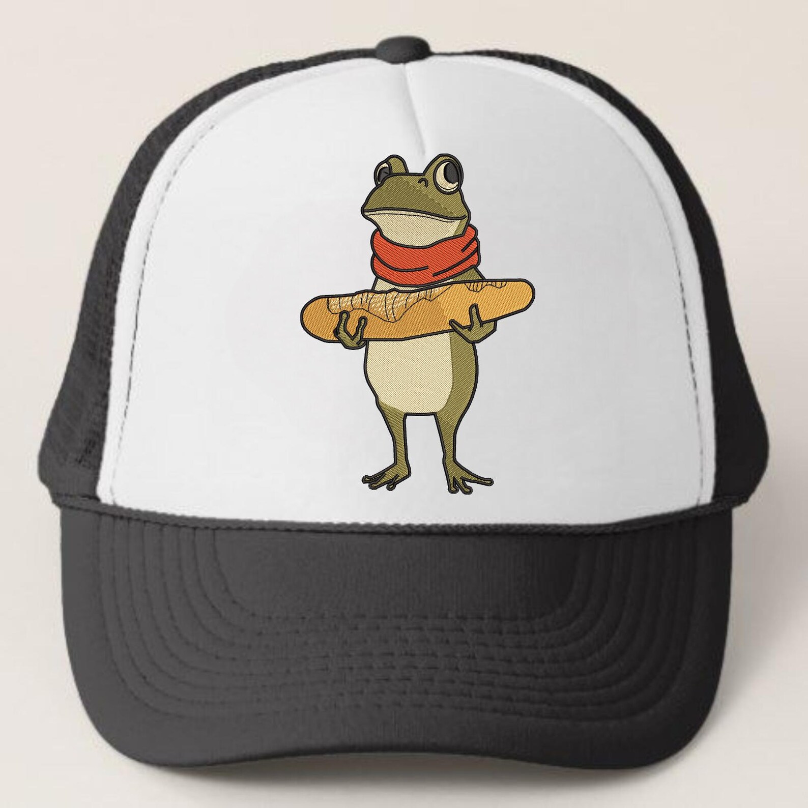Cute Frog With Baguette Machine Embroidery File, Funny Frog Embroidery ...