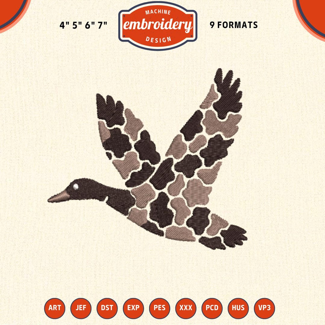 Camo Flying Duck Embroidery Design, DST PES File for Embroidery Machine ...