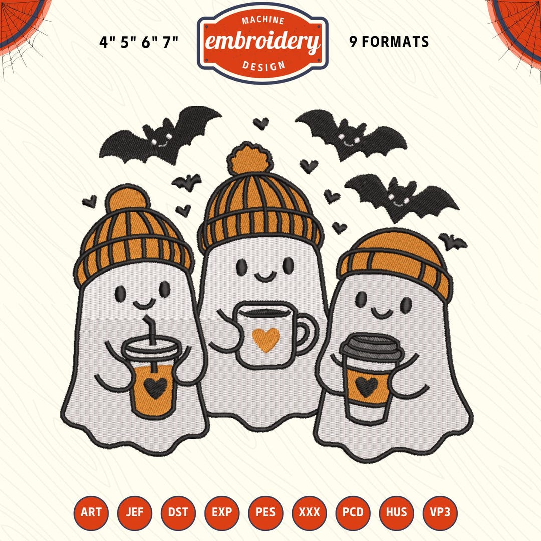Cute Ghosts With Coffee Machine Embroidery Files, Fall Embroidery ...