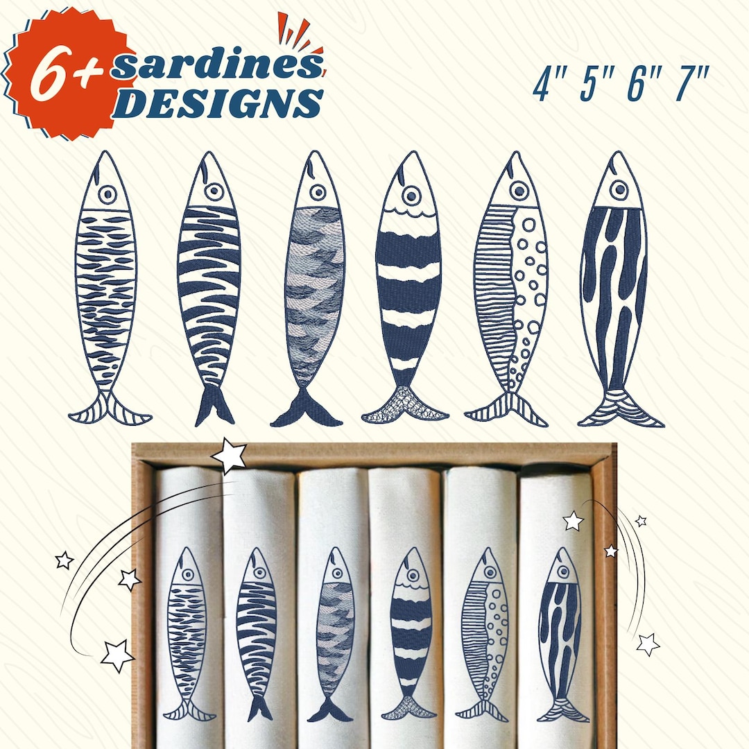 Cute Sardines Bundle Machine Embroidery File, Funny Embroidery Design ...