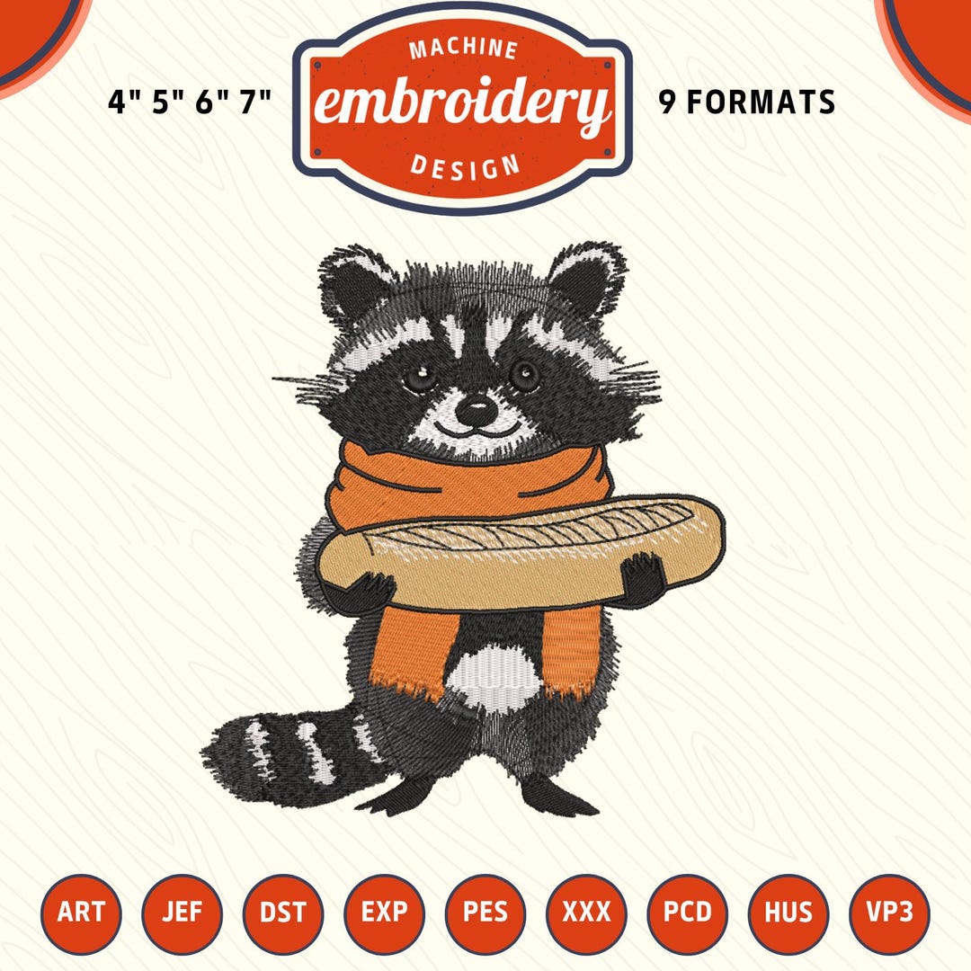 Cute Raccoon With Baguette Machine Embroidery File, Funny Raccoon ...