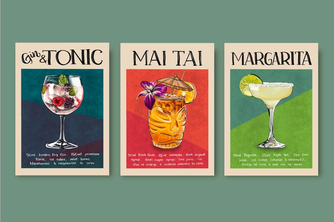 Set of 3 Retro Cocktail Posters, Digital Art Print, Gin & Tonic Wall ...