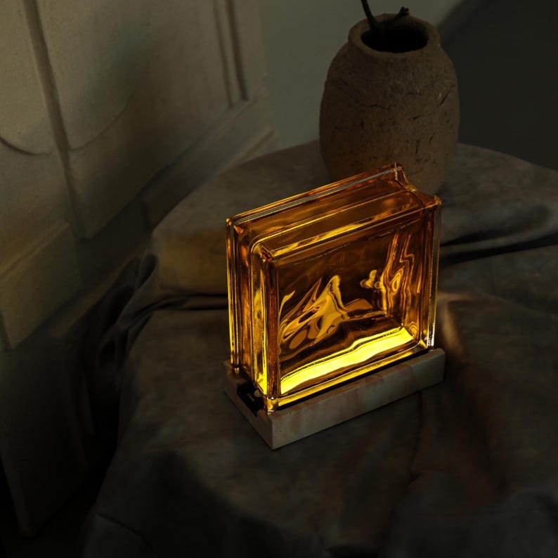 Orange Glass Block LED Lamp | LED Night Light | Handmade Desk Lamp - Etsy