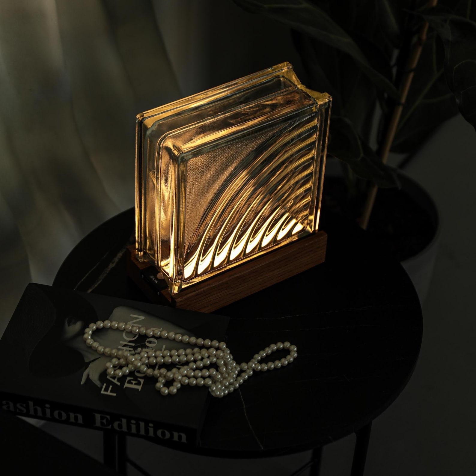 Handmade Glass Block Lamp: Teak Wood Base, Motion Sensor Table Light - Etsy