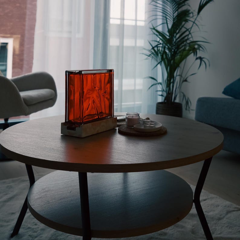 Art Deco Glass Block Lamp – Retro Orange Table Light With Wood Base ...