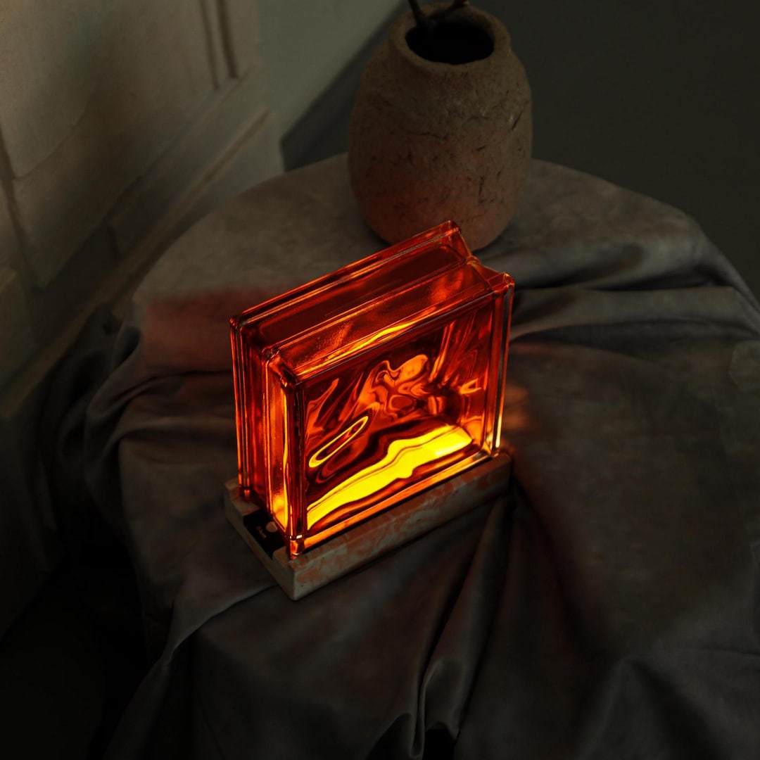 Art Deco Glass Block Lamp – Retro Orange Table Light With Wood Base ...