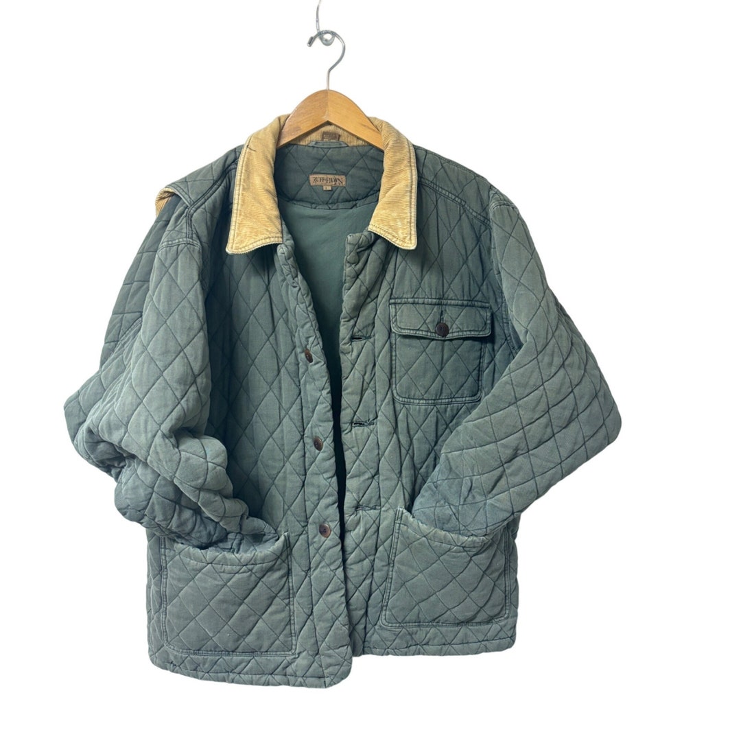 Vintage Ruff Hewn Army Green Quilted Jacket Corduroy Trim Large Chore ...
