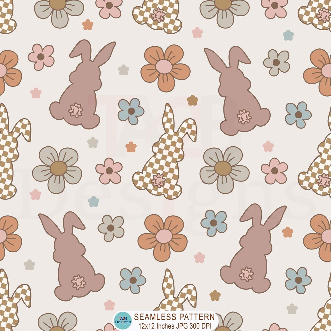 Boho Easter Bunny Seamless Pattern, Daisy Flower (JPG Digital Paper ...