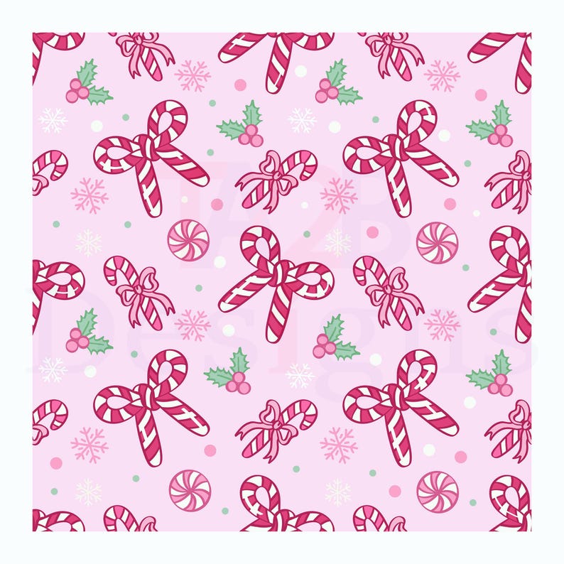 Pink Christmas Candy Cane Seamless Pattern, Coquette Bows (digital ...